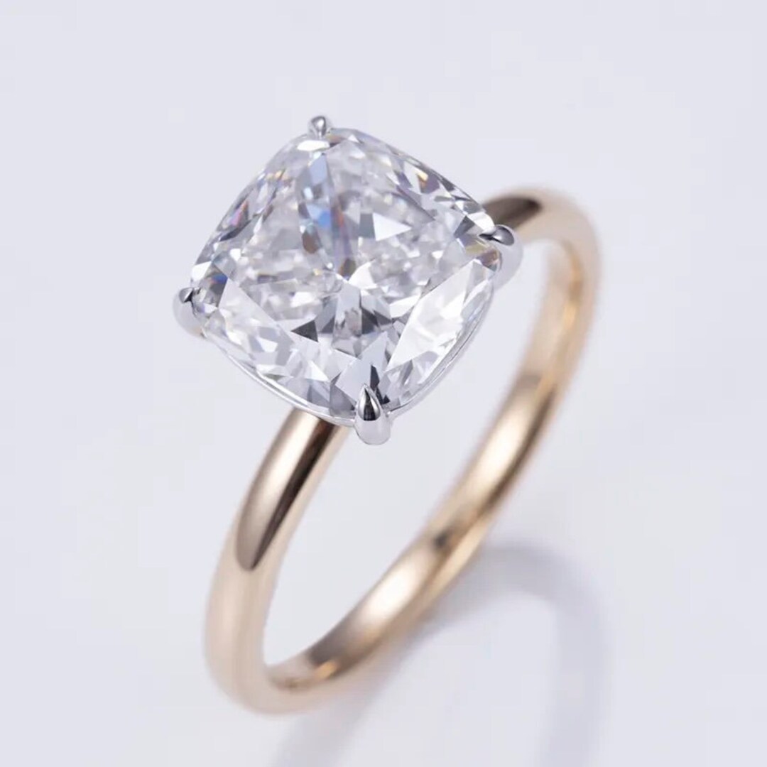 5 Carat Cushion Cut Moissanite Tiger Prong Basket 14K White and Yellow ...