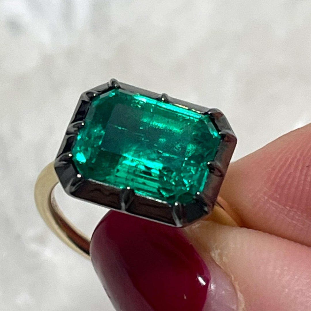 Georgian Victorian Emerald Cut Emerald Button Back Collet Ring - Etsy