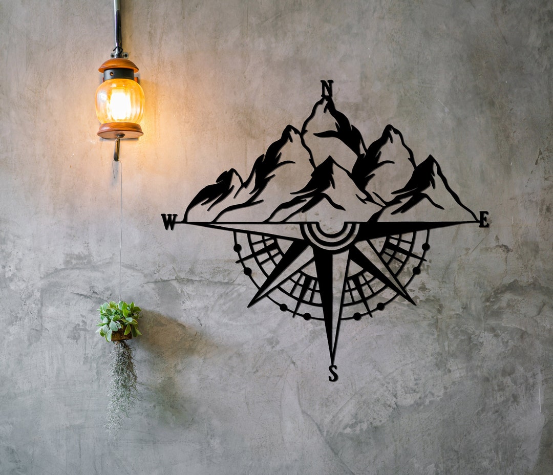 Compass With Mountains and Trees, Best Housewarming Gift, Bedroom Wall ...