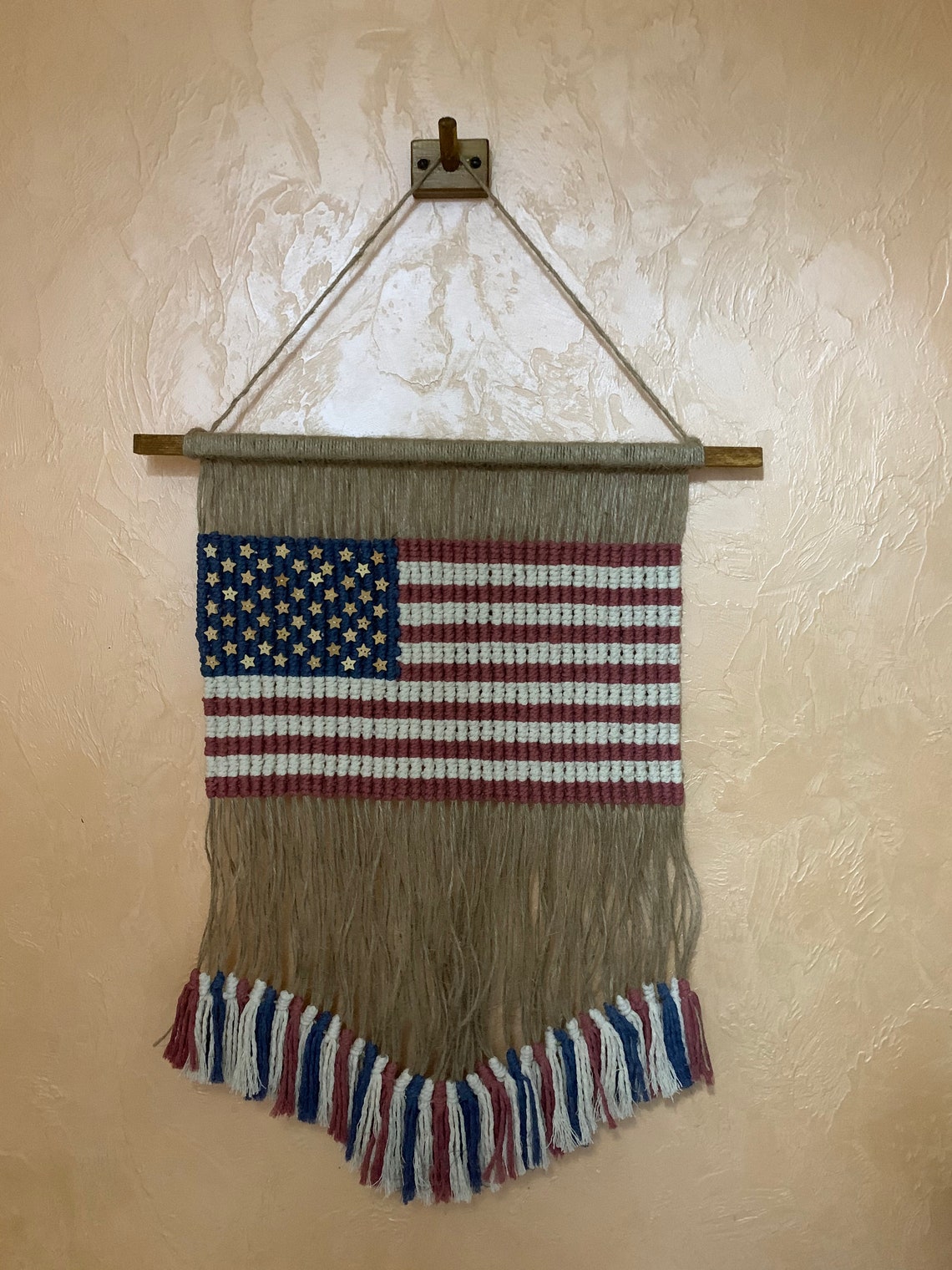 Unique American Flag Macrame With 50 Wooden Stars. Wall or - Etsy