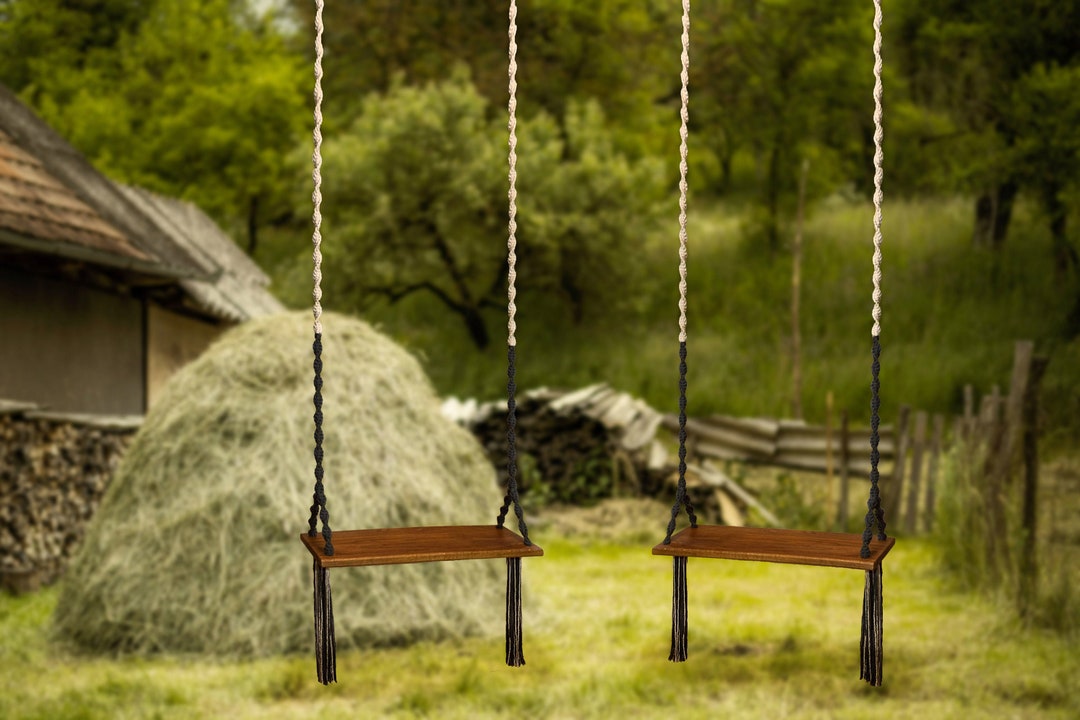 Set of 2 Oak Swings. Macrame Cozy Rustic Swing. Honey Colored Oak Seat ...