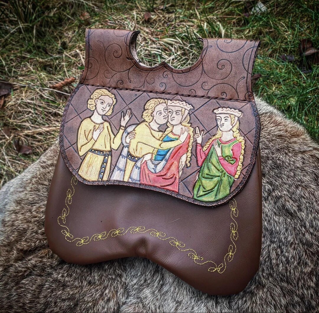 Medieval Double Pocket Leather Purse With Engraved Illumination of ...