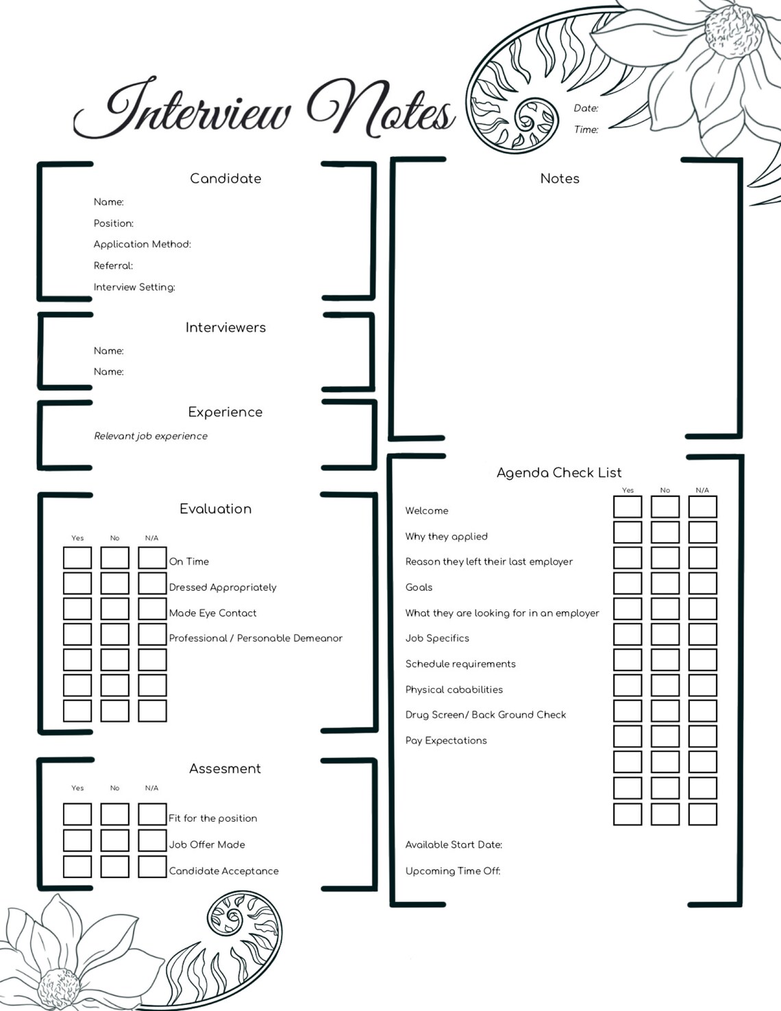 Interview Notes Template - Etsy
