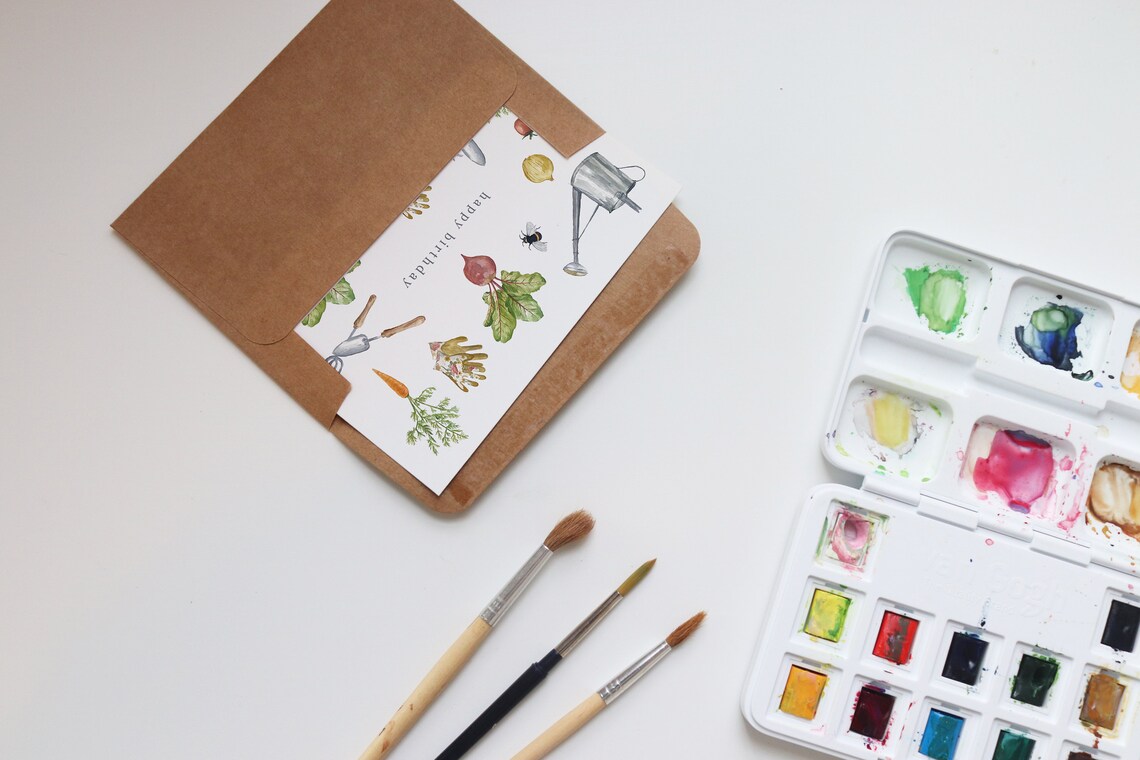 Watercolor Birthday Card: Handmade Gardening Theme - Etsy