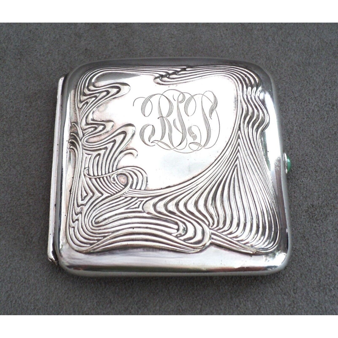 Antique Art Nouveau Swirls CIGARETTE CASE With Green Stone Button Hope ...