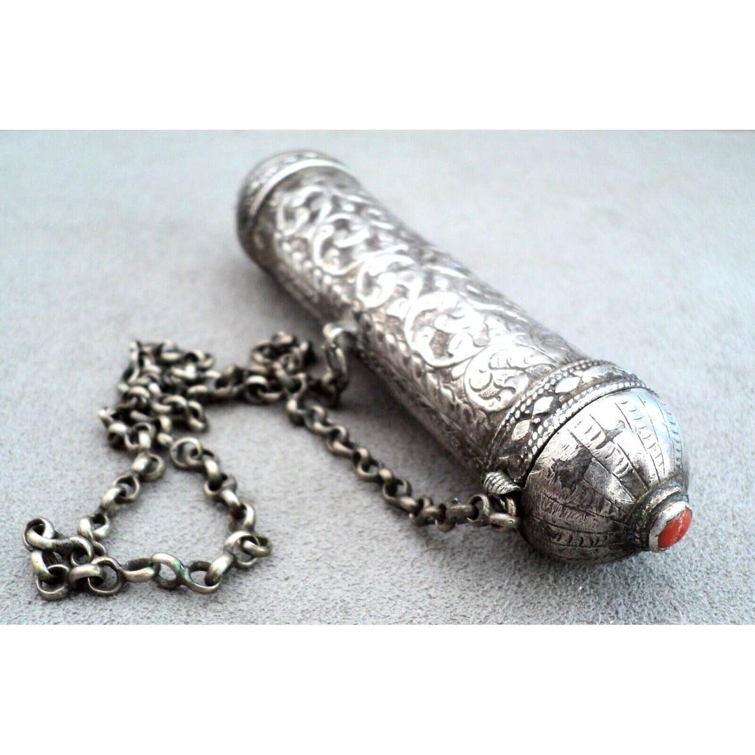 Vintage Filigree Silvered Brass SCROLL CASE Embossed Repoussé CHAIN ...