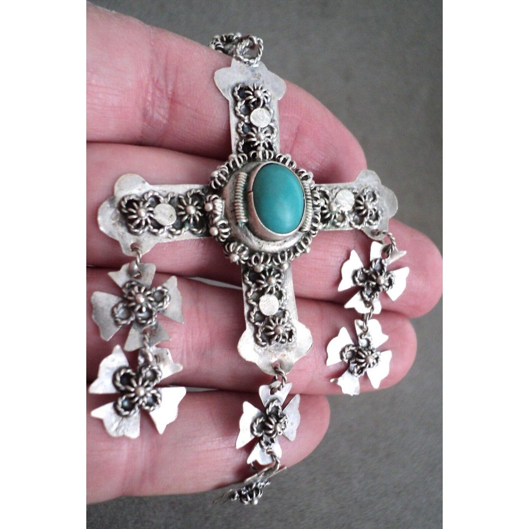 Vintage Signed Mexican WEDDING CROSS PENDANT Sterling Silver Turquoise ...