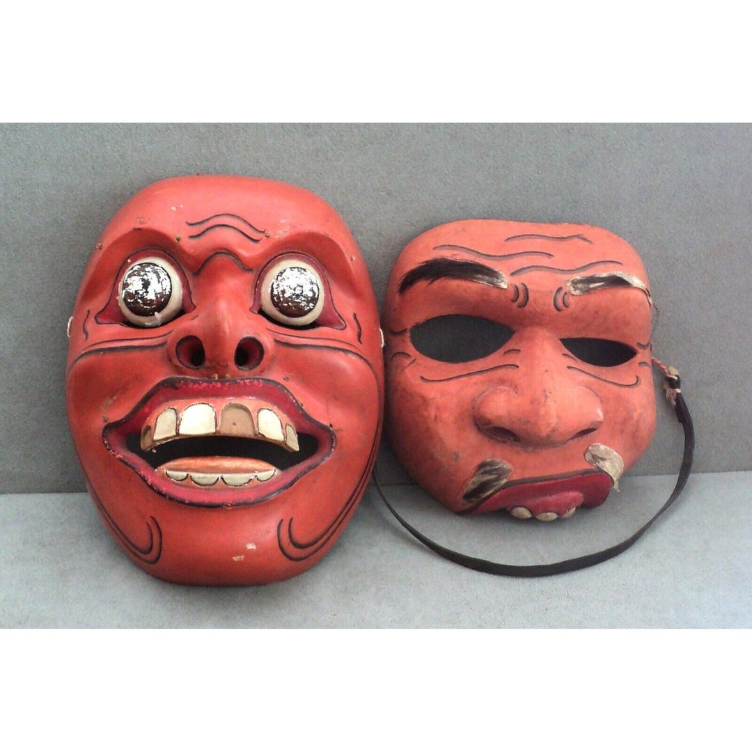 Two Vintage/antique JAPANESE Noh MASKS Handcarved Wood MOP Hair Need ...
