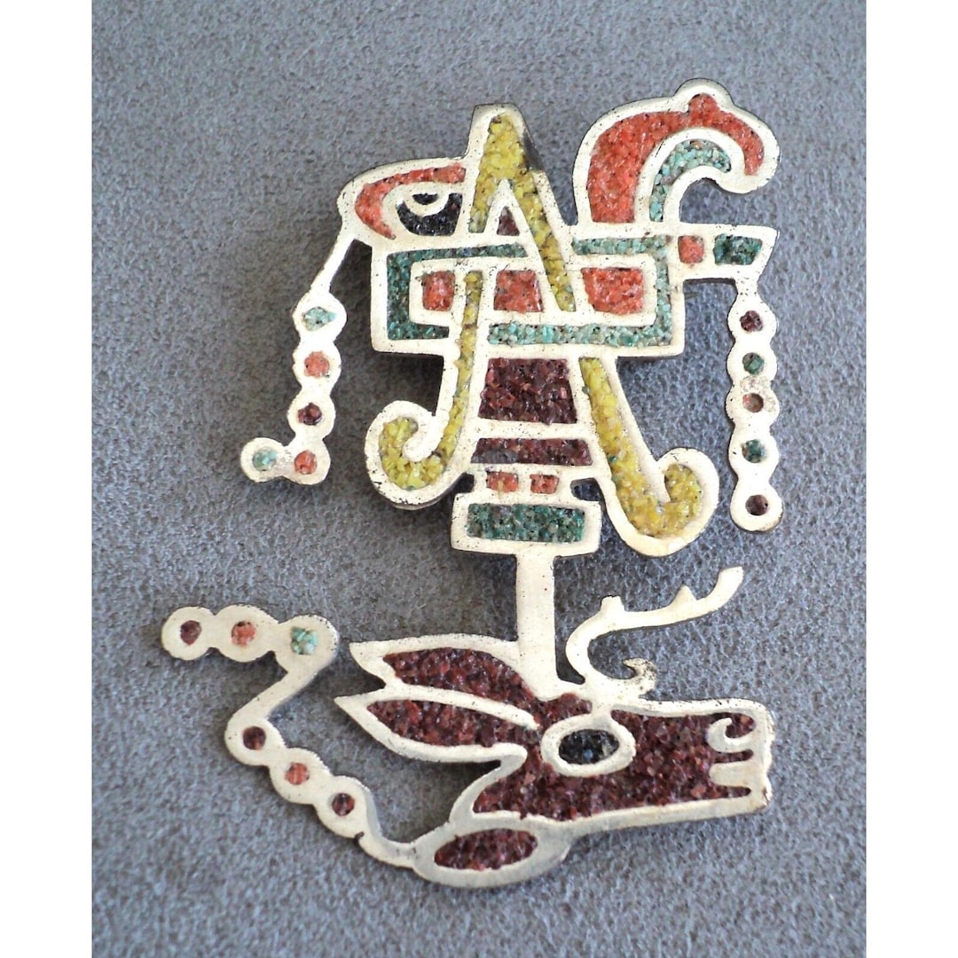 Vintage CITLALI Aztec Sterling Silver Inlaid Crushed GEMSTONE BROOCH is ...