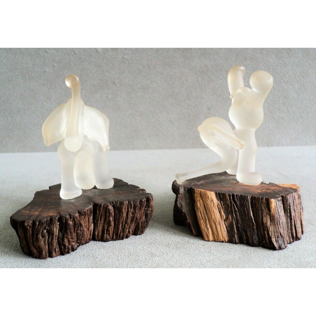 Mid-century PAIR of Satin Glass ELEPHANTS on Wood BASES One Handstand ...