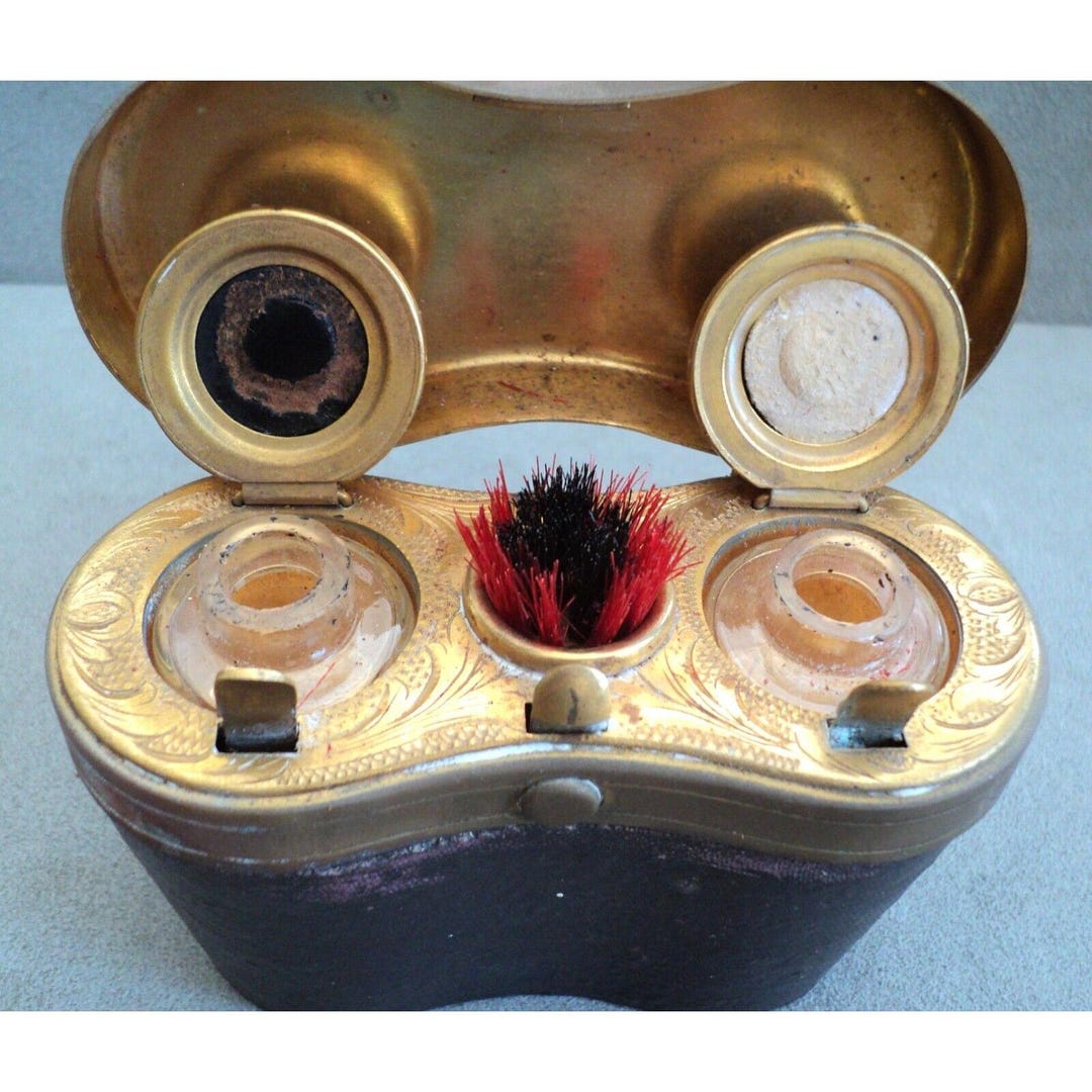 Antique TRAVELING Double INK WELL in Brass/copper Leatherette Case ...