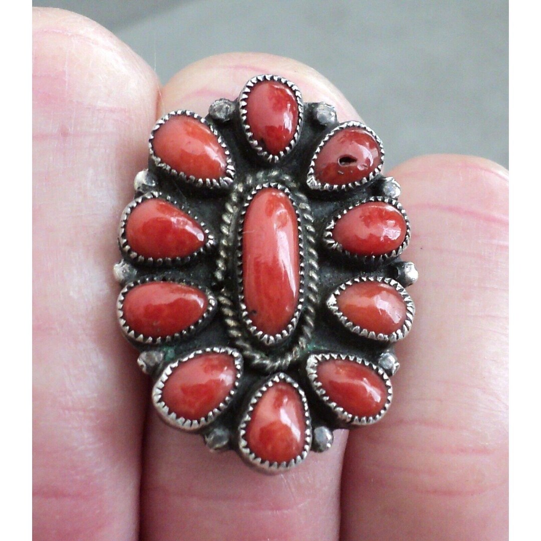 Vintage M Begay NAVAJO RING Sterling Silver Red CORAL Cluster 1.25 Tall ...