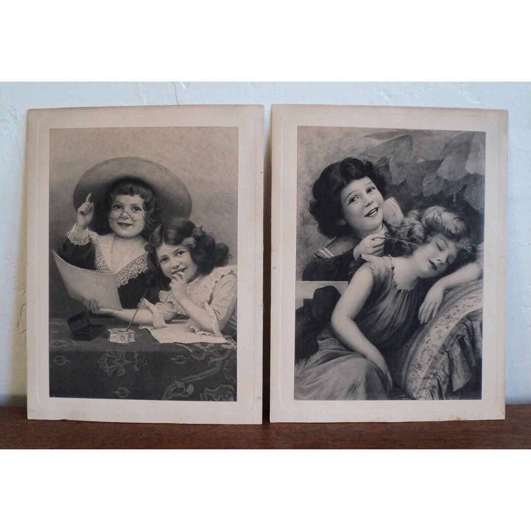 Pair 2 Antique ORIGINAL ETCHINGS of Playful Girls CHILDREN Victorian 9.5"x7.25" - Etsy