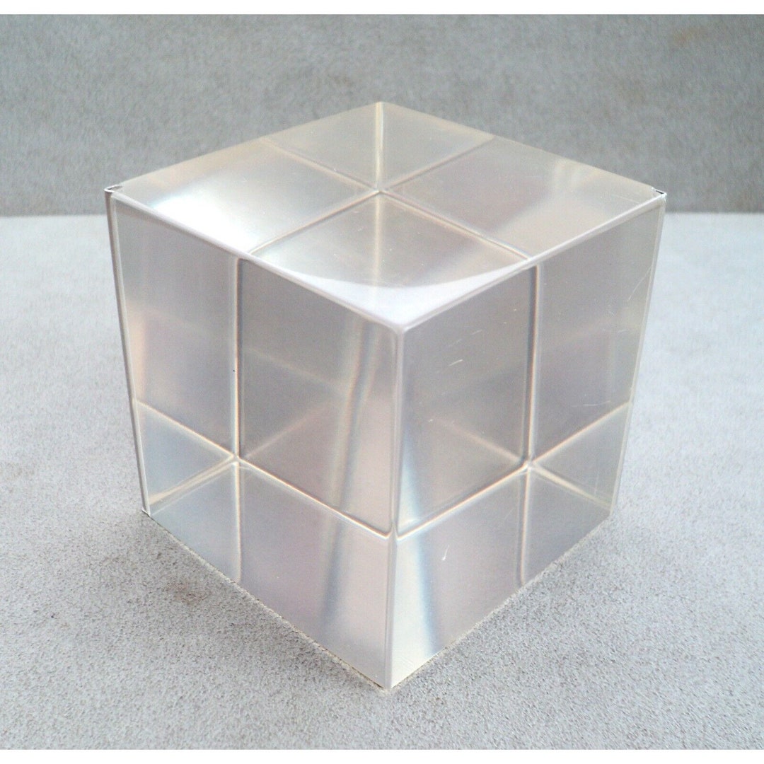 3" Acrylic Cube Sculpture LUCITE Op Art CLEAR Modernist Stainless Frame ...