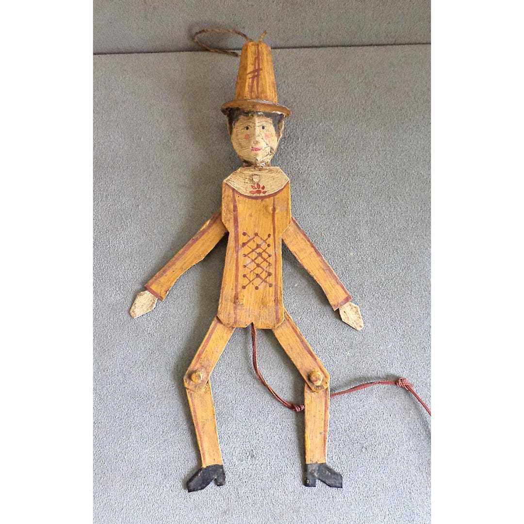 Antique Primitive JUMPING JACK Pull TOY Handpainted Metal W/ Wood Head ...
