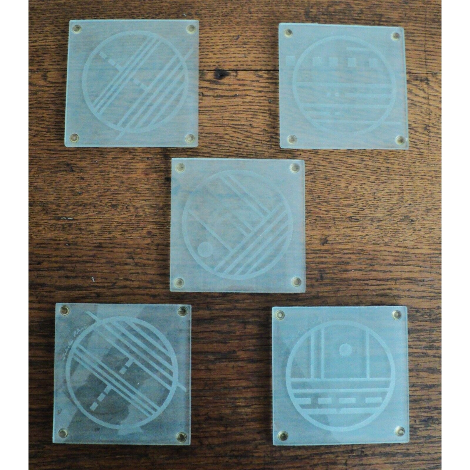 1980s Post-modern SALVATORE POLIZZI Glass Artist Set of 5 Etched TILES ...
