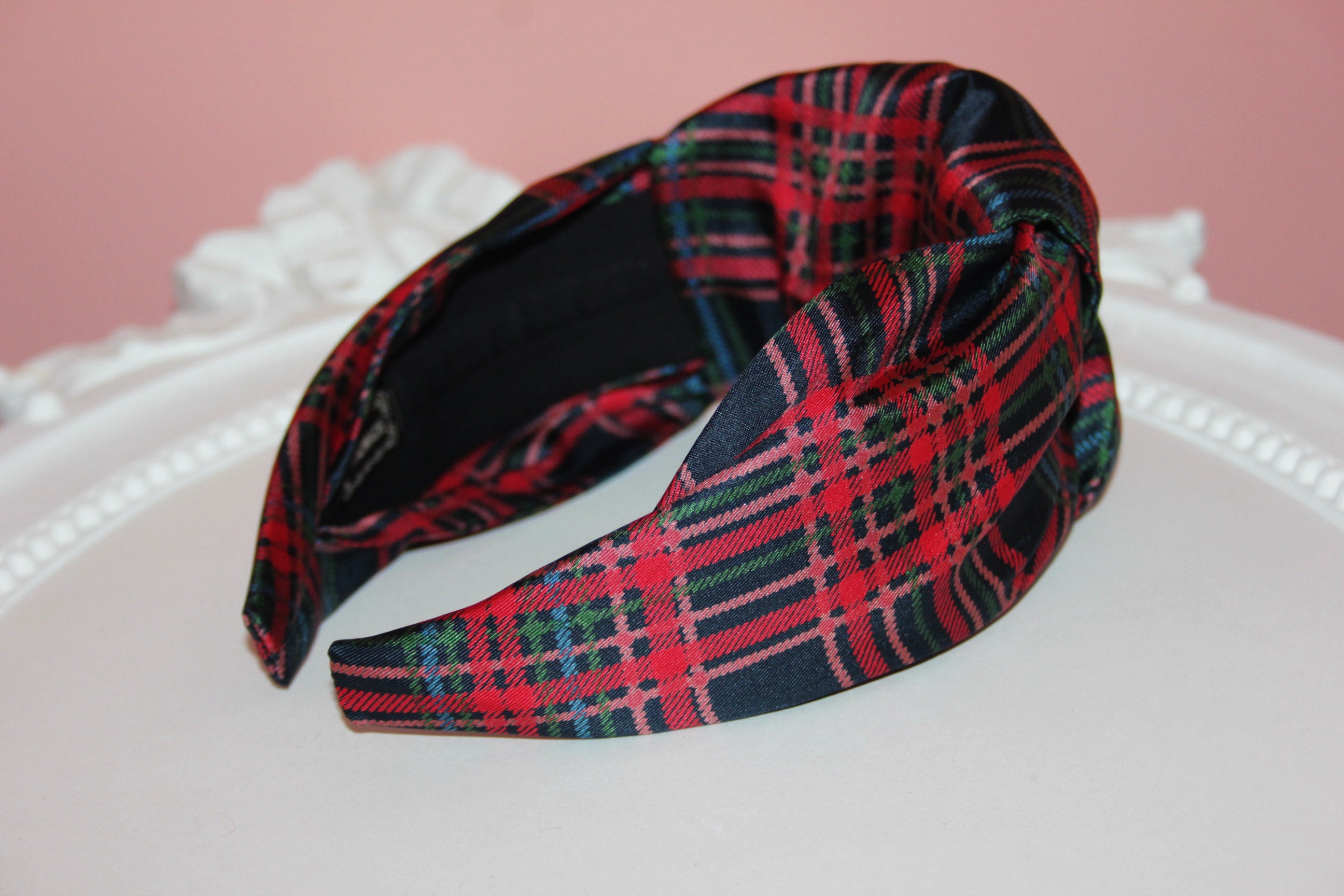 Knotted headband Tartan poly silk turban Retro Red & Green | Etsy