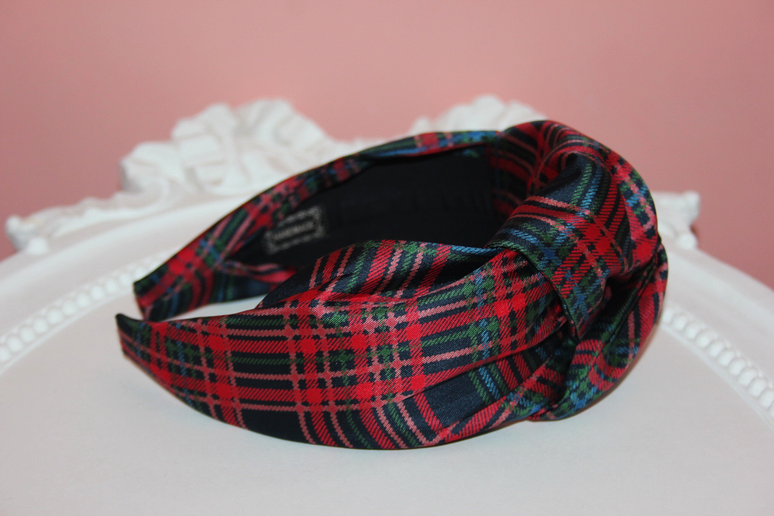 Knotted headband Tartan poly silk turban Retro Red & Green | Etsy