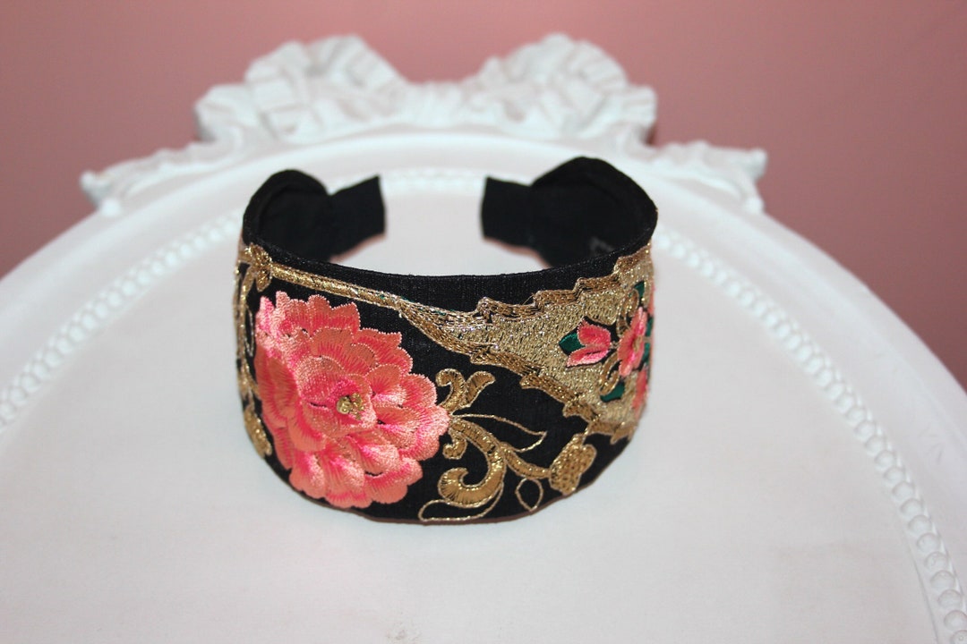 Luxury Black Headband Women Pink and Gold Embroidered 3 Inch Events ...