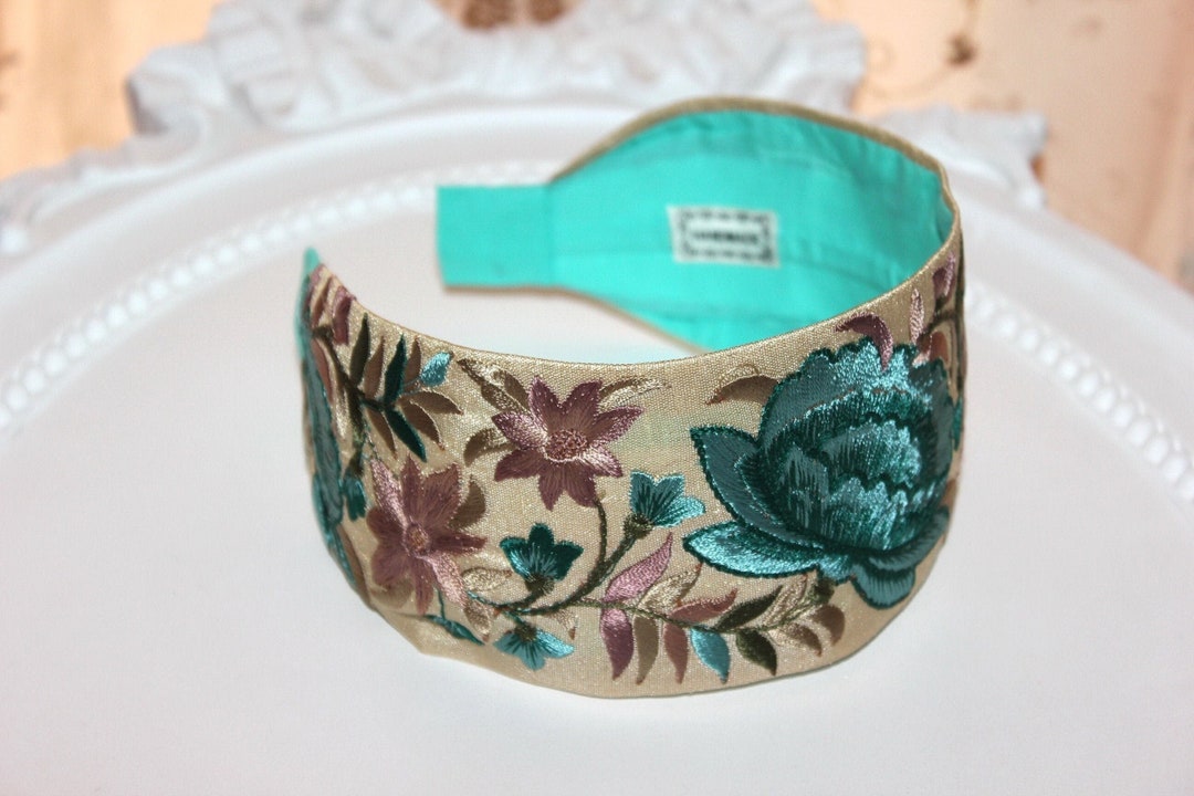 Embroidered Headbands for Women 2.75" Inch Dark Turquoise Embroidery ...