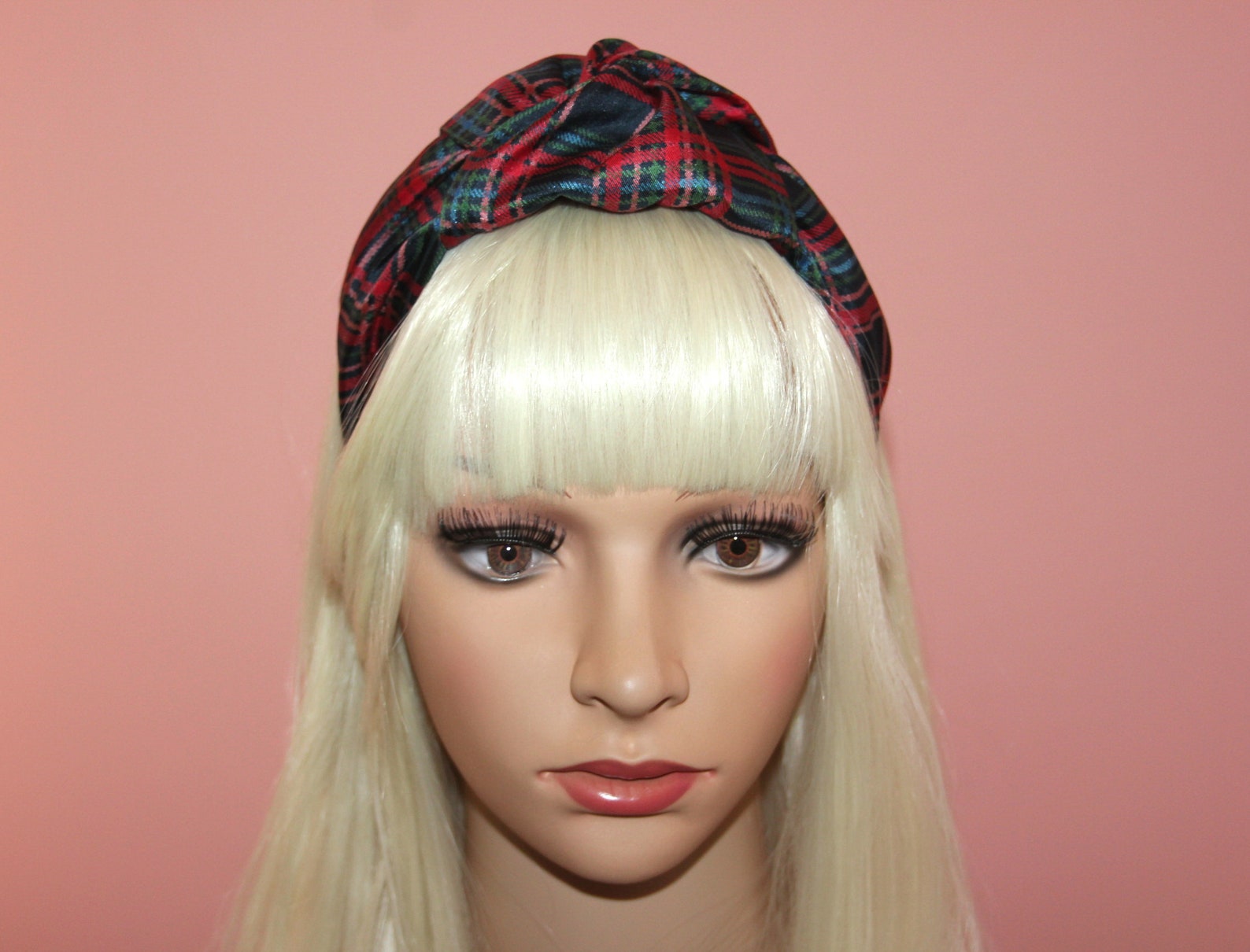 Knotted headband Tartan poly silk turban Retro Red & Green | Etsy