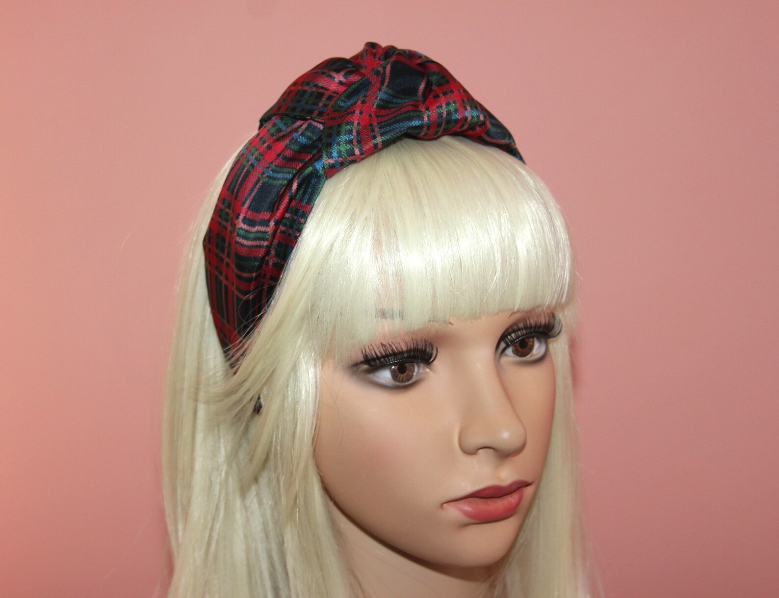 Knotted headband Tartan poly silk turban Retro Red & Green | Etsy