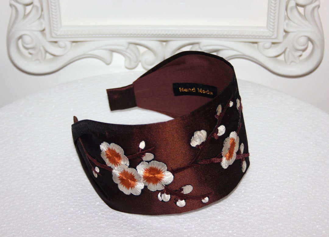 Dark Brown Silk Headband for Women Embroidered Brown & Beige Sakura ...
