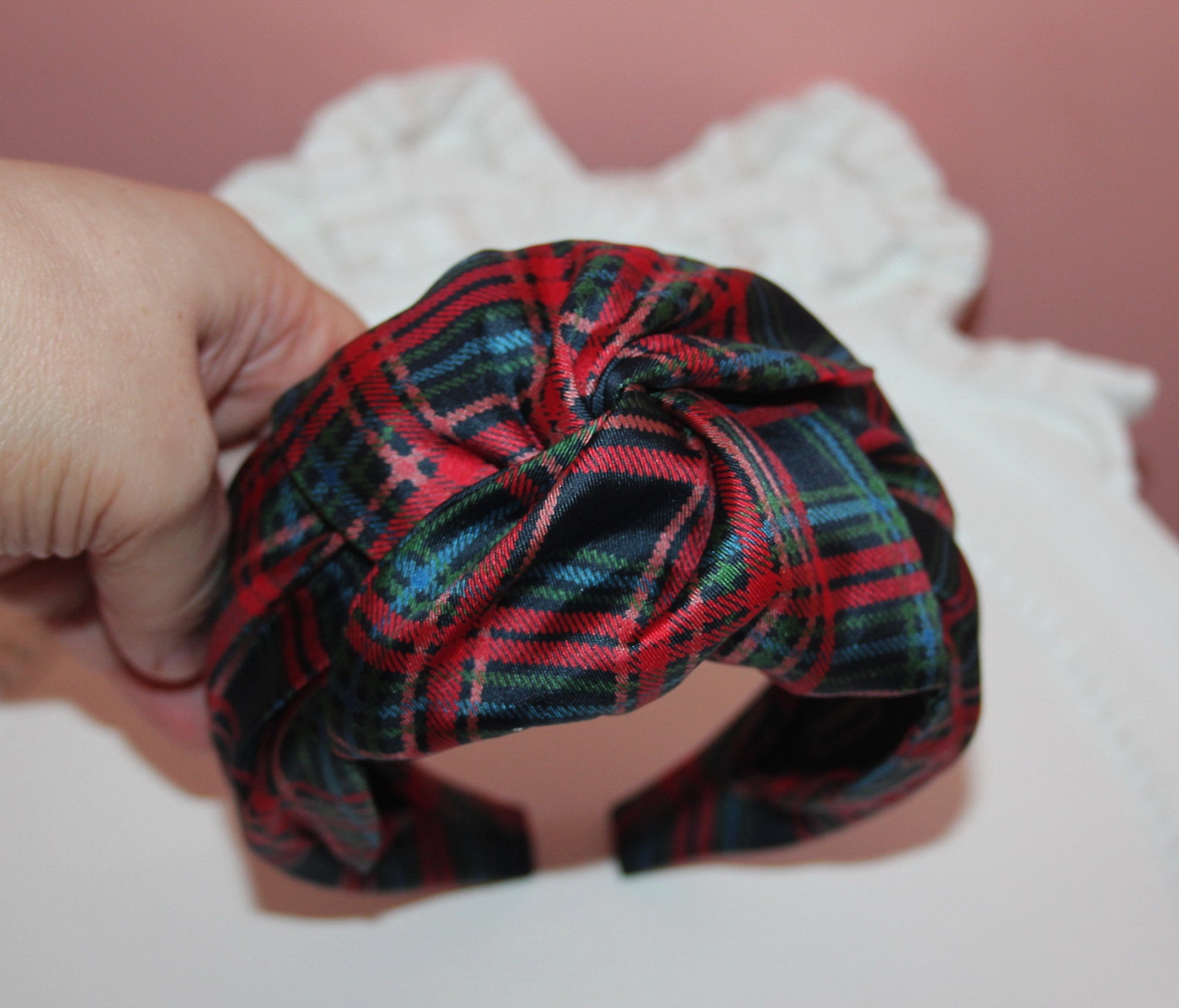 Knotted headband Tartan poly silk turban Retro Red & Green | Etsy