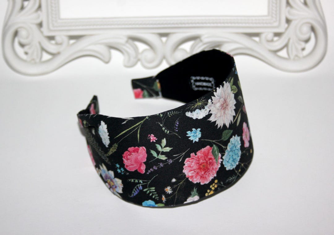 Black Flat Headband for Women Garden Flower Print Boho Fabric Head ...