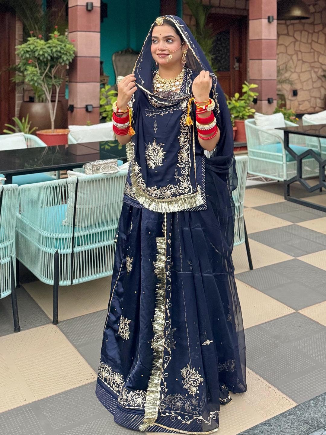 Satin Silk Partywear Dabka Kundan Work Rajputi Poshak in Blue Colour ...