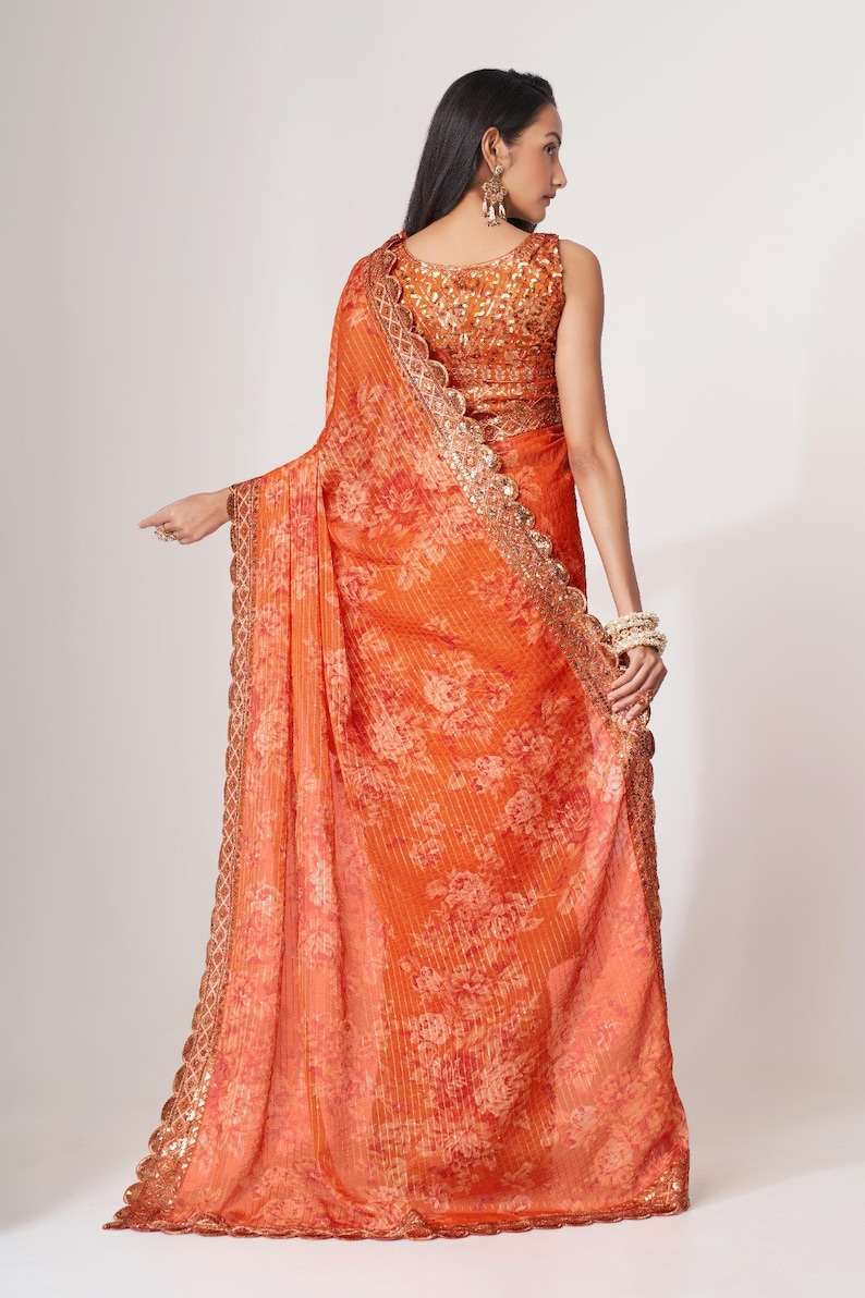 Organza Silk Festive Saree in Orange With Sequence Digital Print Work ...