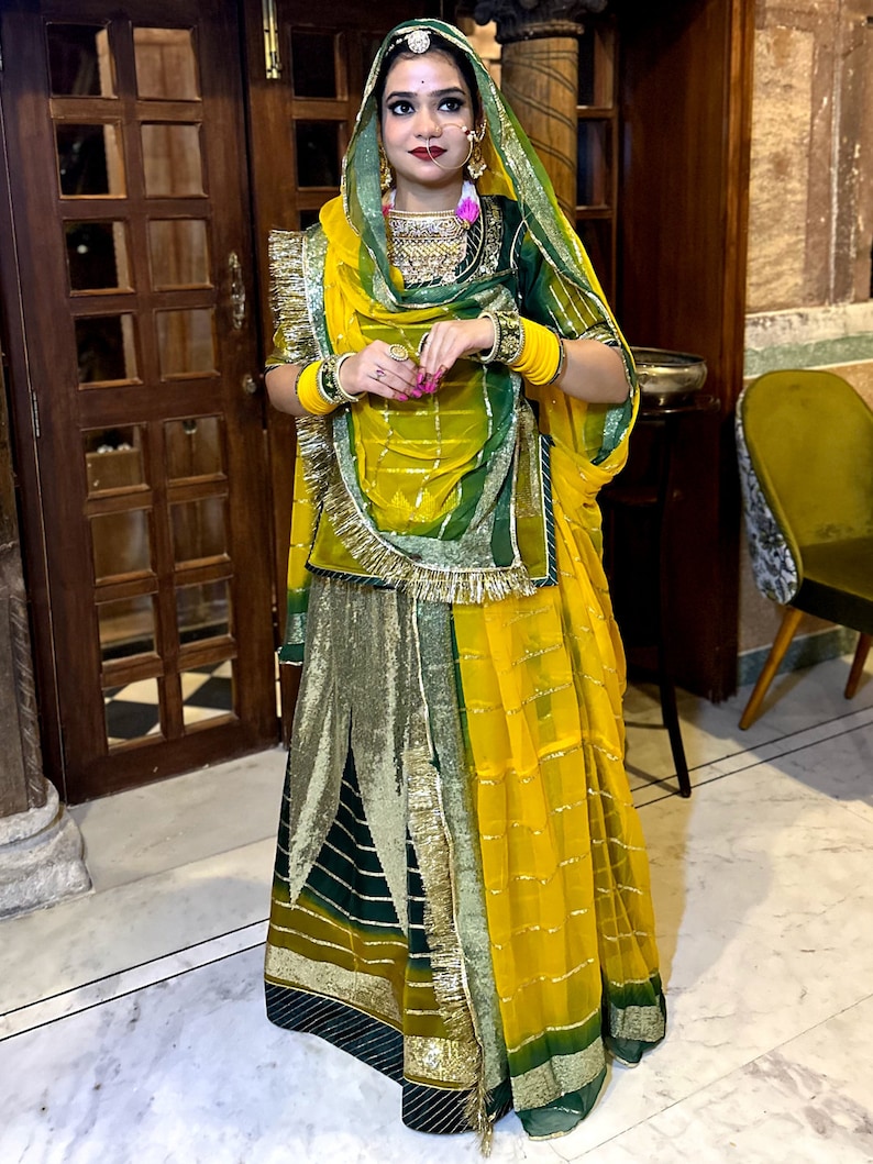 Double Saded Heavy Jall Organza Net Partywear Rajputi Poshak in Green and Yellow Color-81641 - Etsy