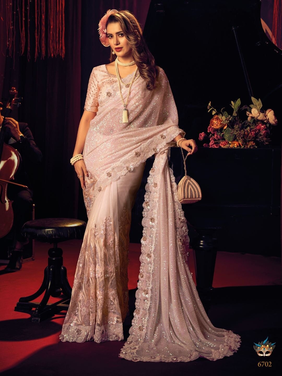 Jari Digital Net Wedding Partywear Saree in Sliver - Etsy