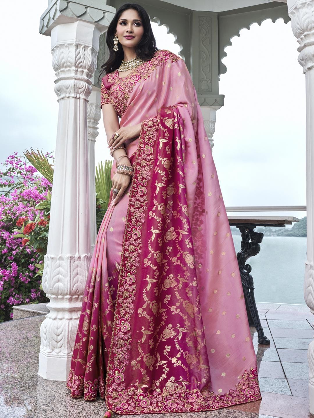 Zari Embroidery Soft Fancy Double Shaded Saree in Pink Color-81541 - Etsy