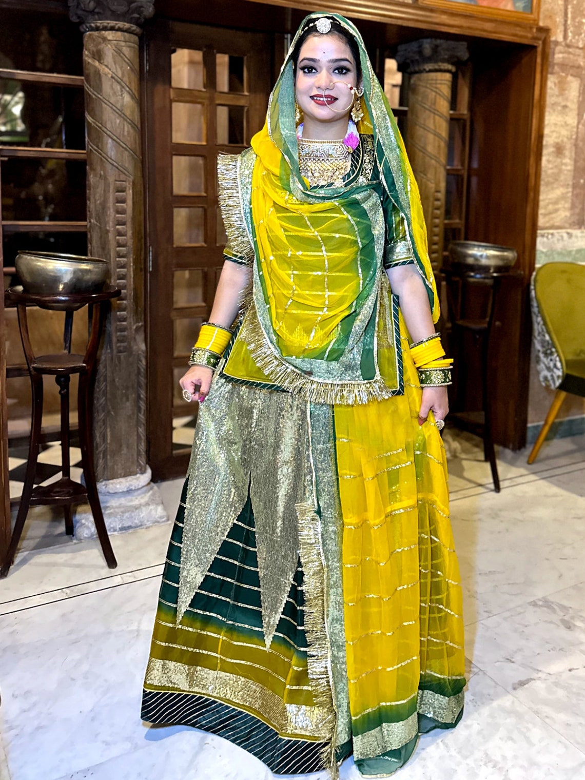 Double Saded Heavy Jall Organza Net Partywear Rajputi Poshak in Green ...