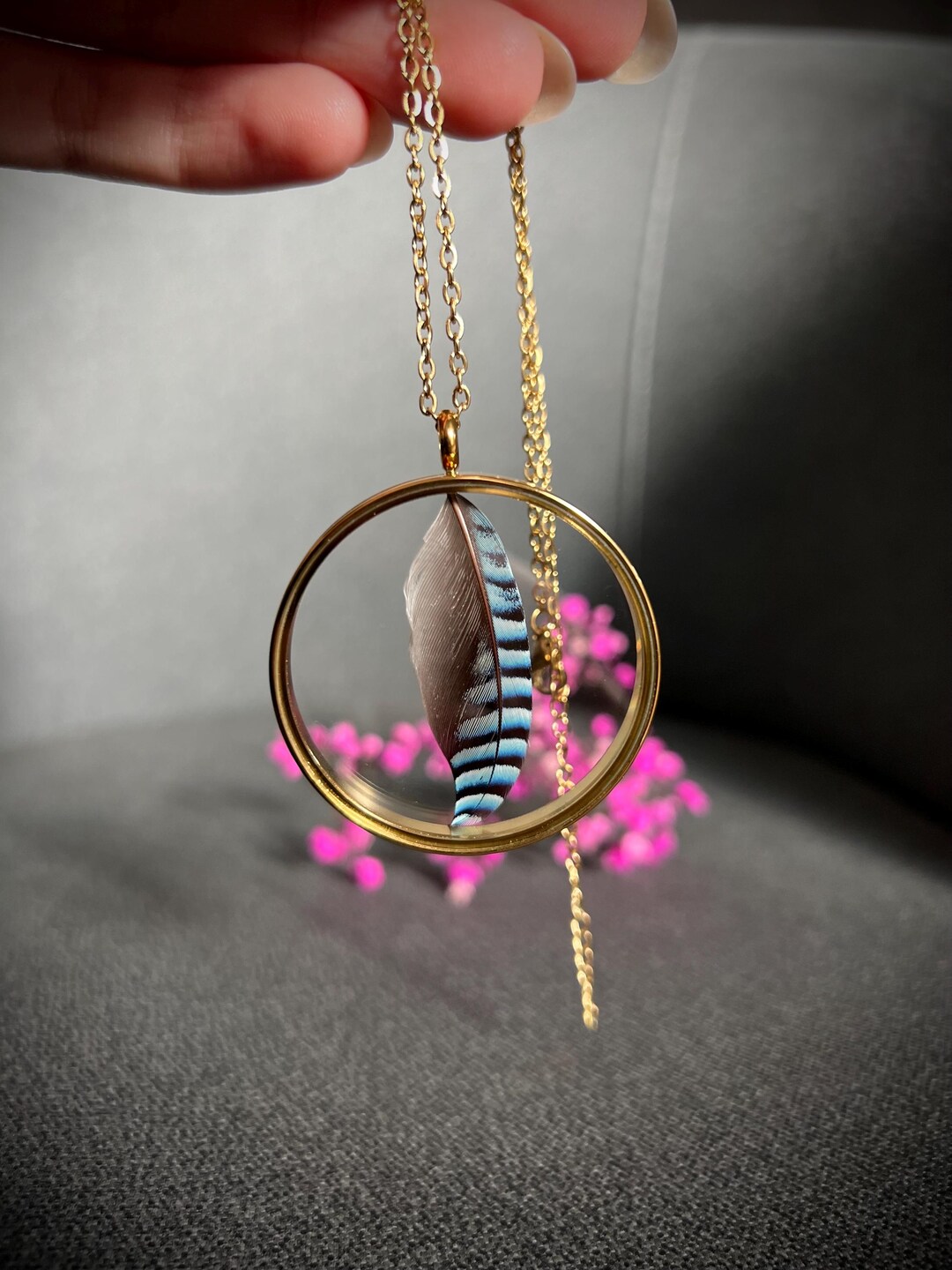 Handmade Eurasian Jay Feather Locket Necklace, Stainless Steel Chain - Etsy