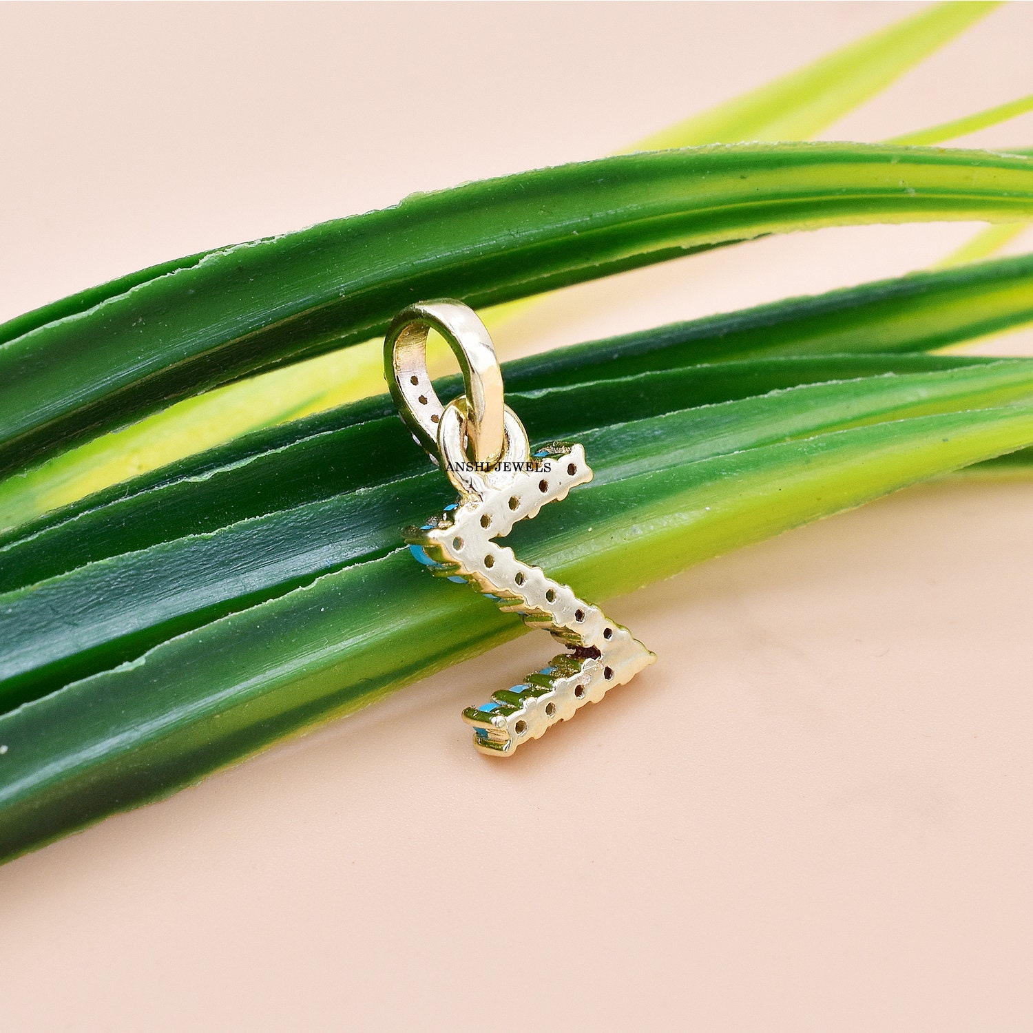 14K Gold Plated Turquoise Letter Z Charm, Pave Diamond Initial Silver ...