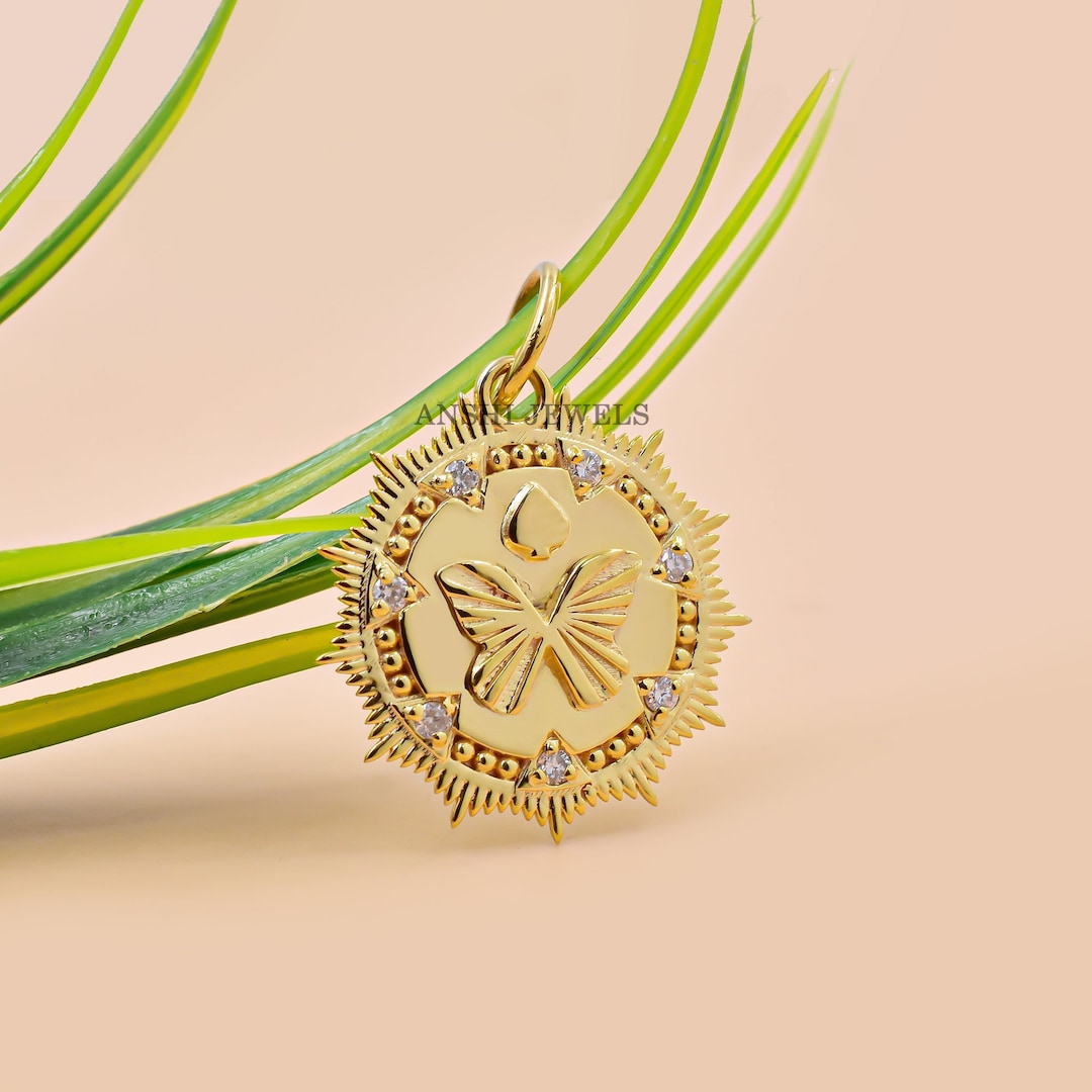 14K Yellow Gold Medallion Pendant Edge X Set Butterfly & Spade Pendant ...