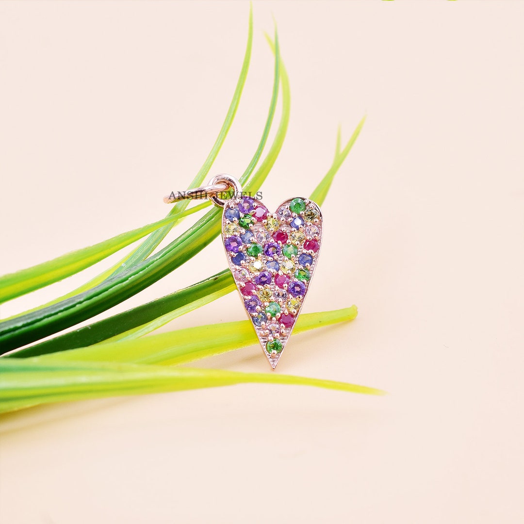 14k Rose Gold Heart Charm, Gold Multi Sapphire Heart Pendant, Gemstone ...