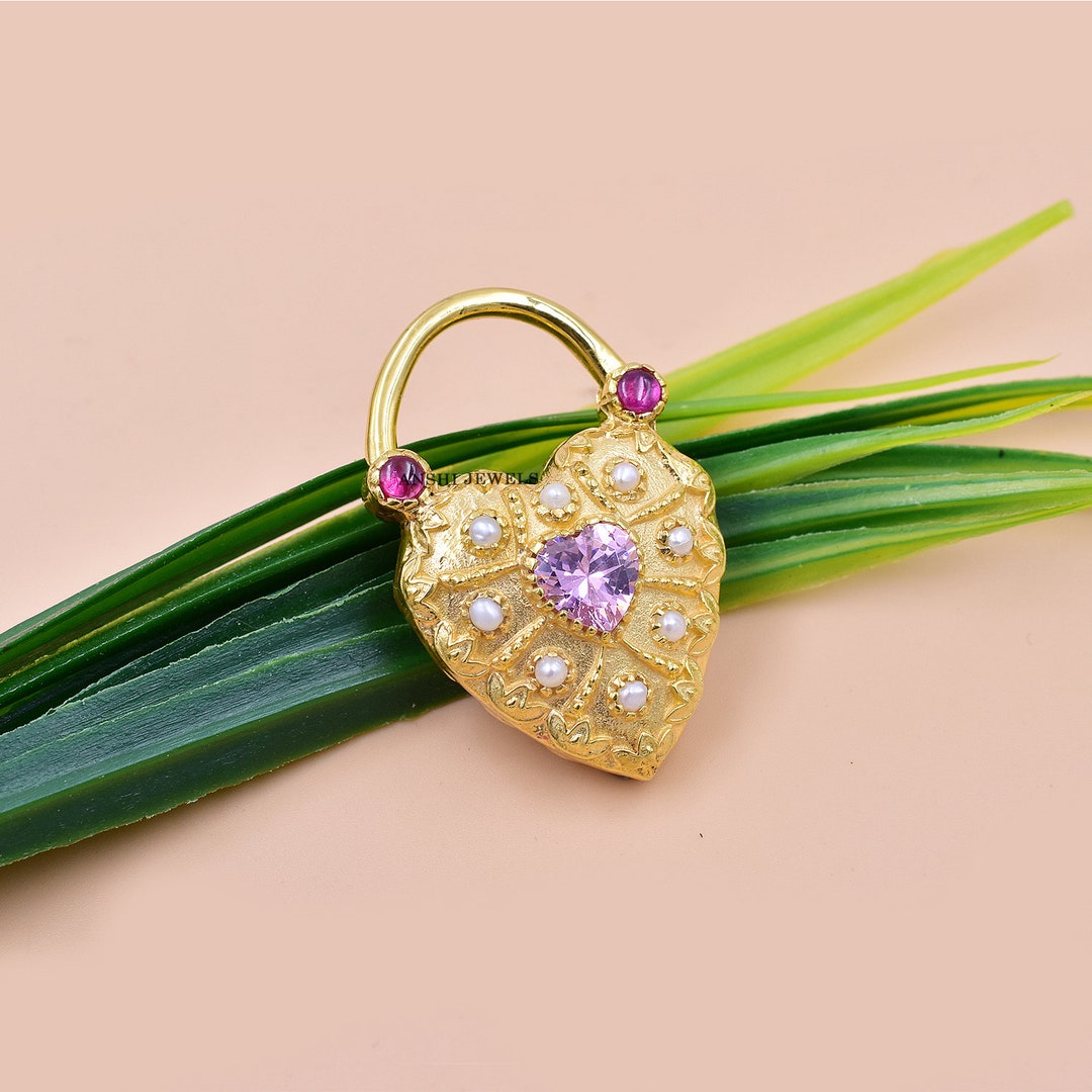 14K Yellow Gold Plated Heart Padlock, Pearl & Pink Topaz Heart Padlock ...