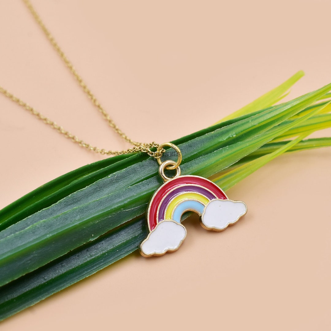 14K Yellow Gold Plated Rainbow Charm Necklace, Designer Enamel Rainbow ...