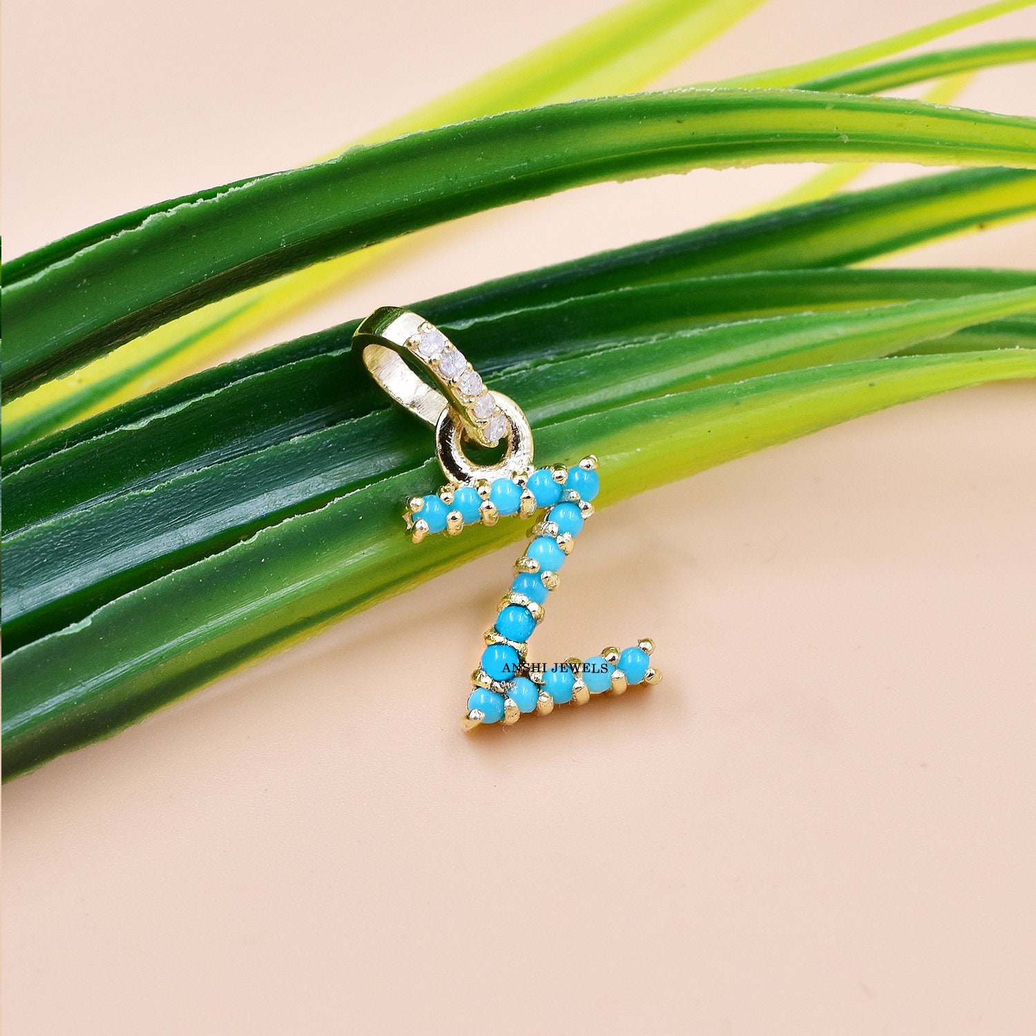 14K Yellow Gold Plated Pave Diamond Turquoise Letter D Charm - Etsy