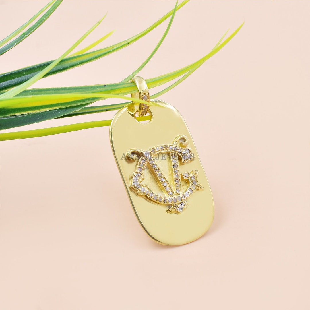 14K Yellow Gold Plated Diamond Letter Dog Tag Pendant - Monogram ...