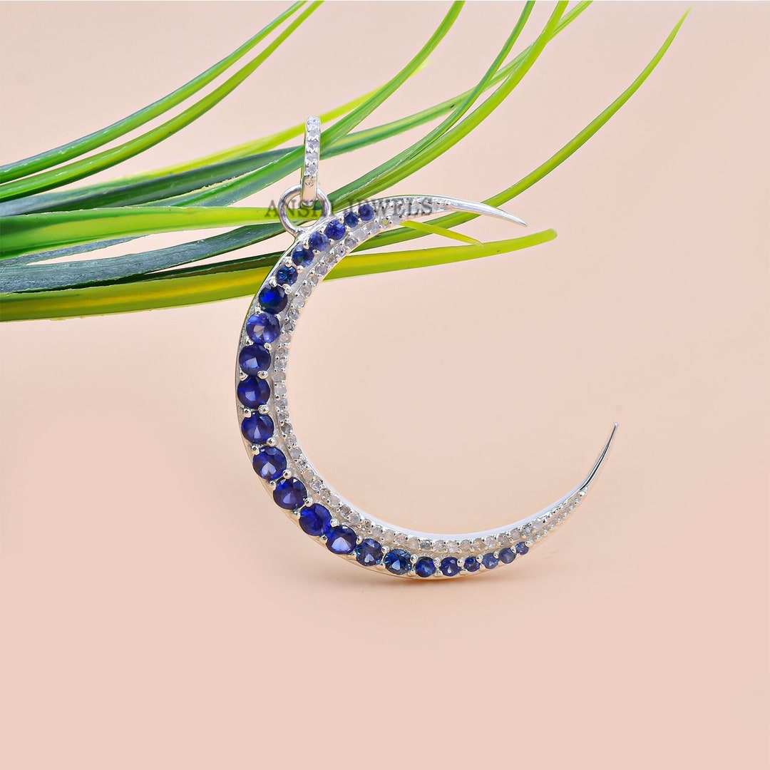 925 Silver Half Moon Pendant, Diamond Moon Pendant, Blue Sapphire Half ...