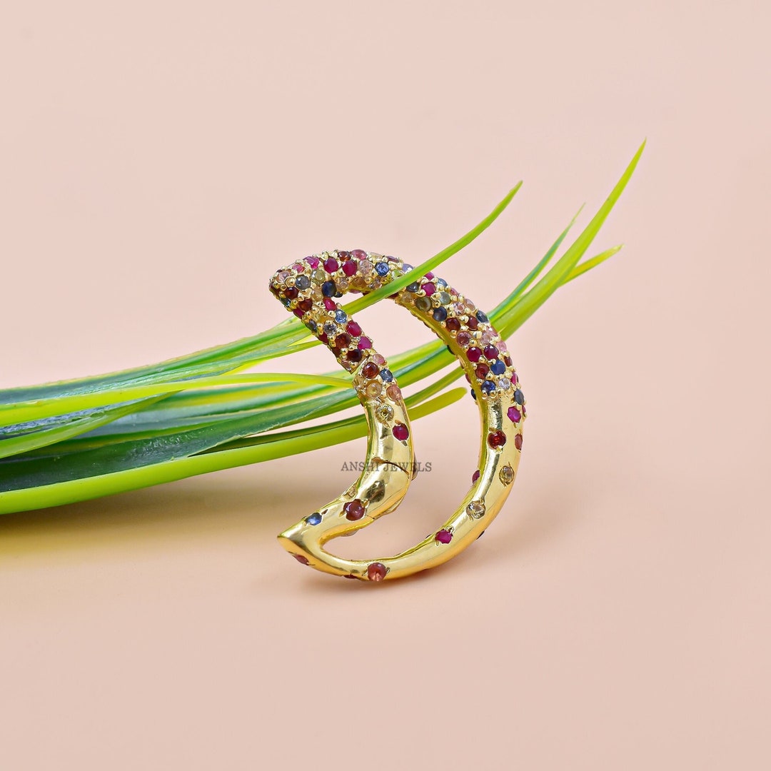14K Yellow Gold Plated Moon Push Lock, Multi Stone Moon Charm Lock ...
