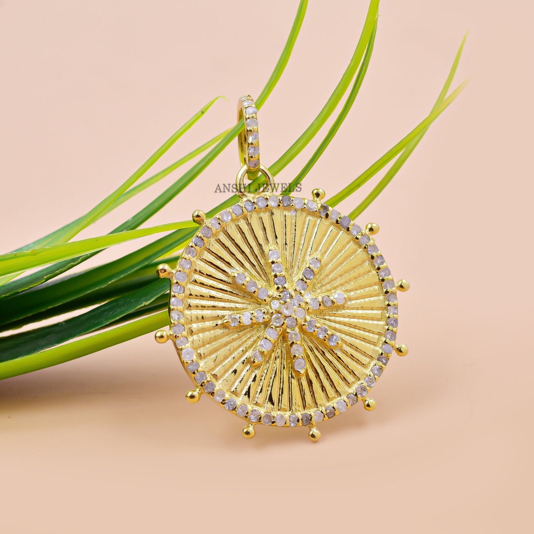 New Sunburst Pendant, 14K Yellow Gold Plated Diamond Pendant, Handmade ...