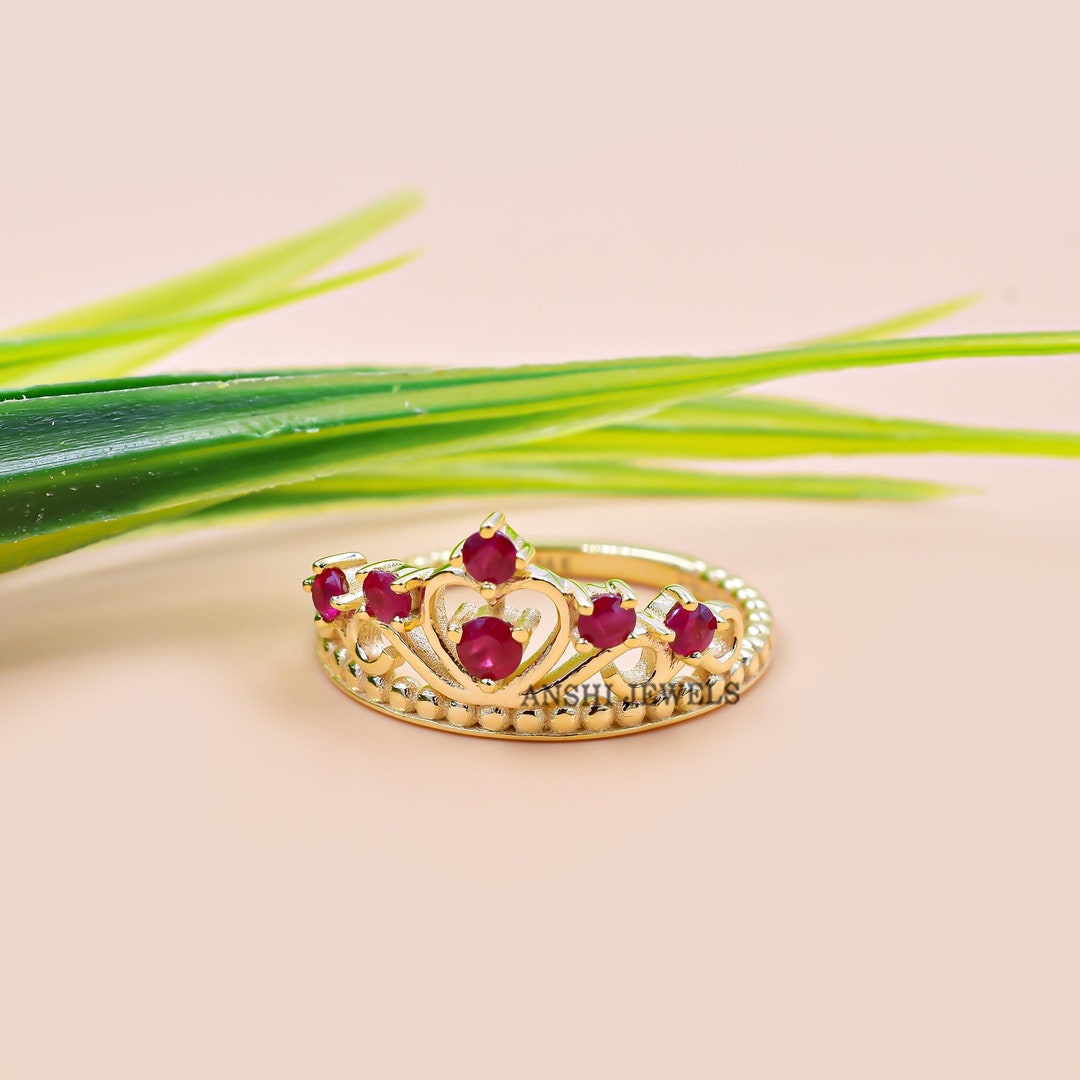 14K Yellow Gold Ruby Crown Band Ring, Woman Designer Tiara Ring Jewelry ...