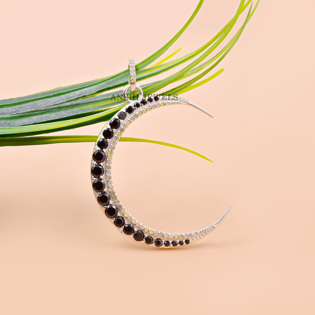 925 Sterling Silver Lucky Christian Moon Pendant Black Onyx Half Moon ...