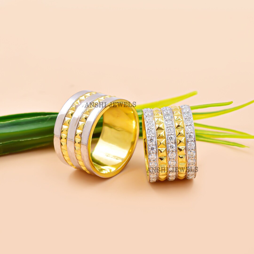 14K Yellow Gold Plated Couple Cigar Band Ring, Handmade Large Cigar ...