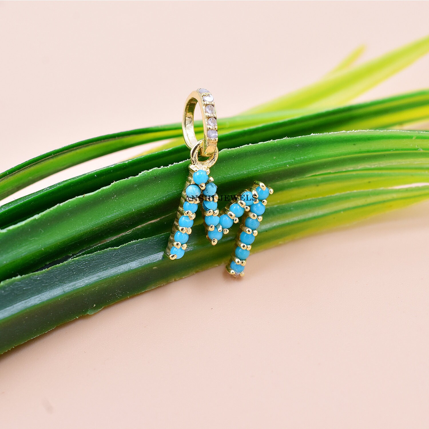 14K Yellow Gold Pave Diamond Letter, Turquoise D Letter Charm, Make Own ...
